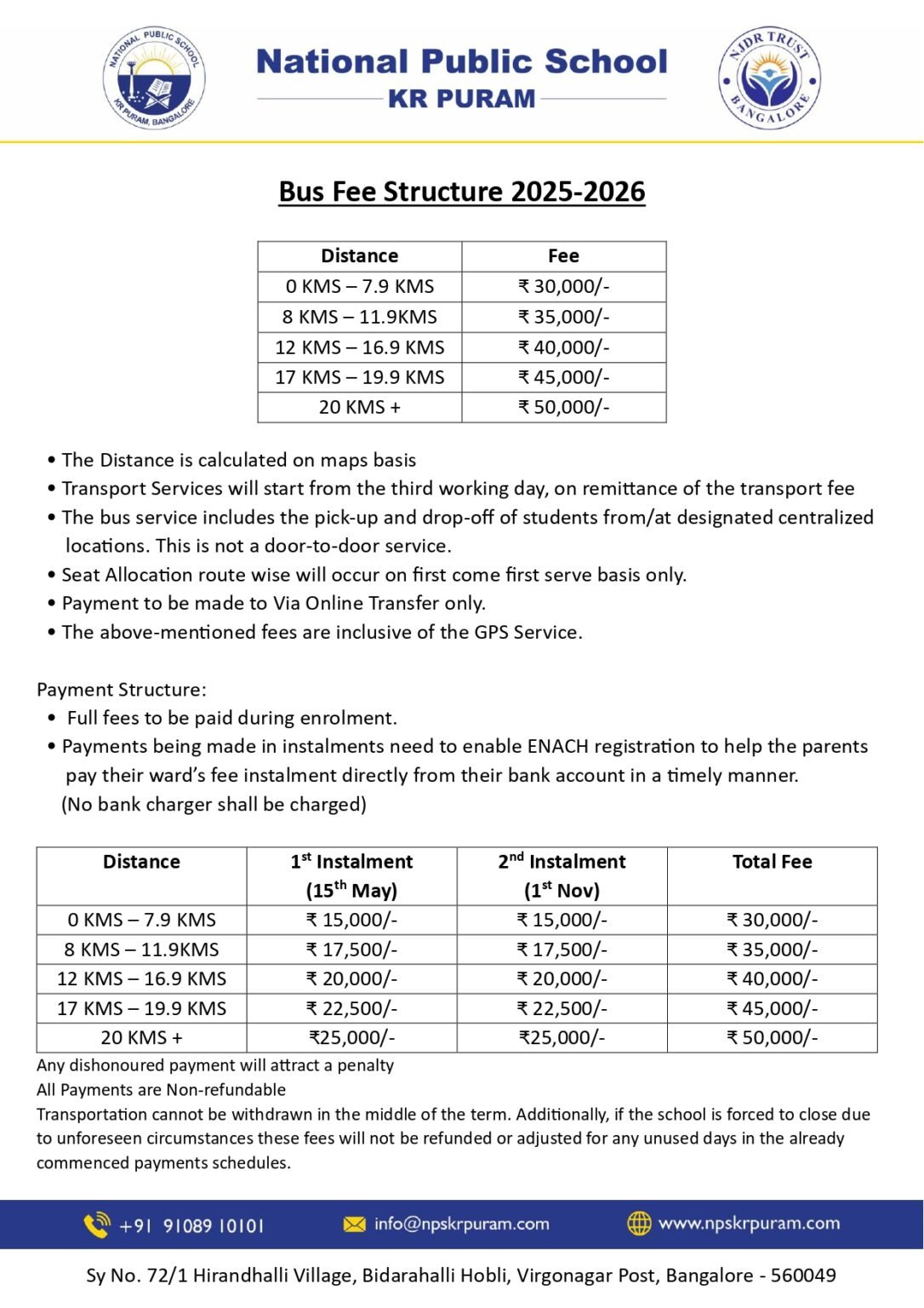 Bus Fee Structure | NPS KR Puram Transportation Fee